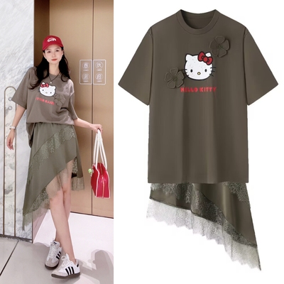 2025夏季新款休闲童趣卡通猫咪印花短袖T恤蕾丝拼接不规则半裙女