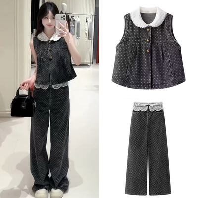 2026夏季新洛可可娃娃领波点廓形A字牛仔背心马夹女波点牛仔长裤