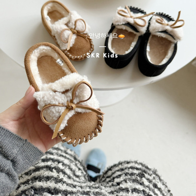 女童毛毛蝴蝶结加绒保暖雪地靴