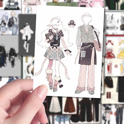 162张OC情侣服设贴纸绘画创意参考素材二次元卡通免服手账diy贴画
