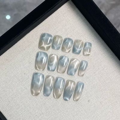 新款纯手工美甲波光粼粼渐变海洋猫眼气质显白美甲成品