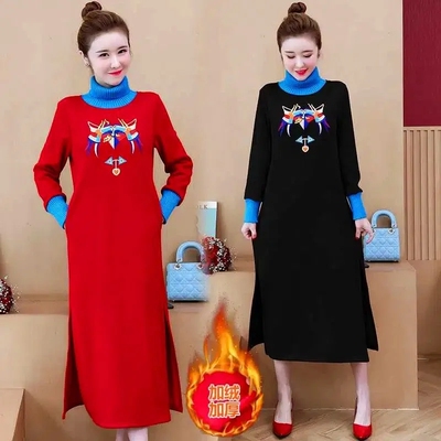 民族风加绒加厚长款连衣裙女秋冬改良旗袍300斤胖mm大码打底裙子
