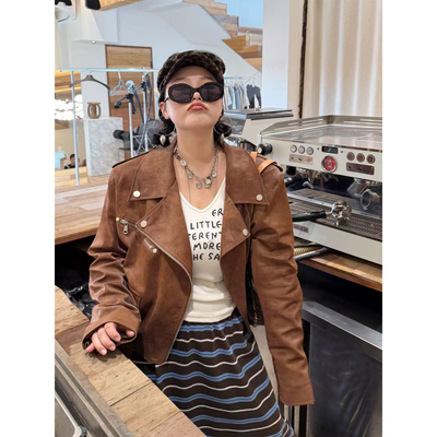 阿周家大码微胖秋季“曼城往事”复古纹理重工百搭机车皮衣外套女