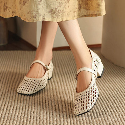 3cm法式编织镂空玛丽珍鞋
