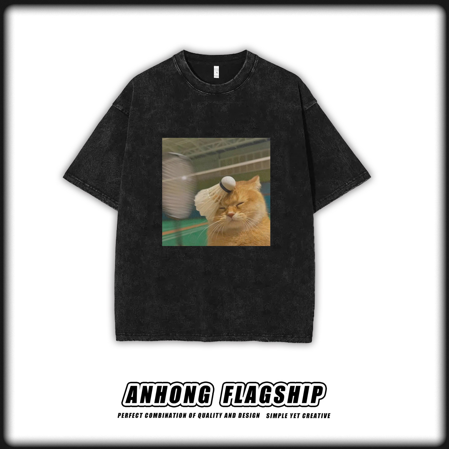 趣味猫猫打羽毛球卡通美式直喷印花创意T恤做旧水洗纯棉男装短袖