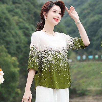 r56中年妈妈装夏装短袖t血上衣t桖40减龄a02中老年女50岁洋气T恤