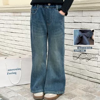 LZ女童加绒牛仔微喇叭裤2025冬季新款儿童韩系一体绒裤子女孩长裤