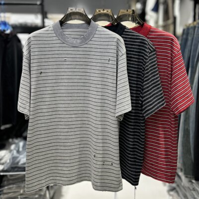 CYC潮牌条纹宽松落肩短袖撞色罗纹领破洞毛边重磅纯棉半袖T恤9336