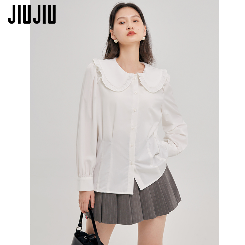 JIUJIU法式木耳边娃娃领白色衬衫女长袖春秋2023年新款气质衬衣女_虎窝淘