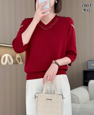 木耳边镂空网纱拼接2026早春新款针织衫V领烫钻设计感洋气宽松女
