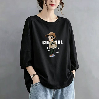 2026夏季新款纯棉圆领七分袖t恤女洋气百搭胖mm大码宽松印花上衣