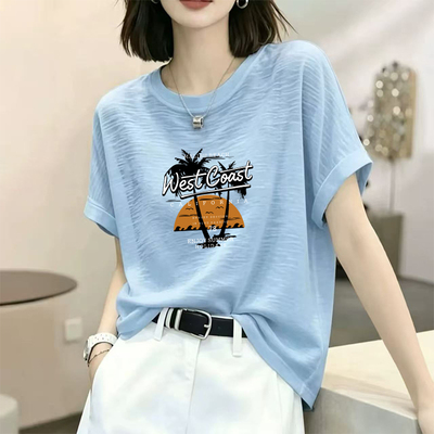 蓝色竹节棉短袖t恤女夏季新款减龄百搭大码宽松显瘦纯棉圆领上衣