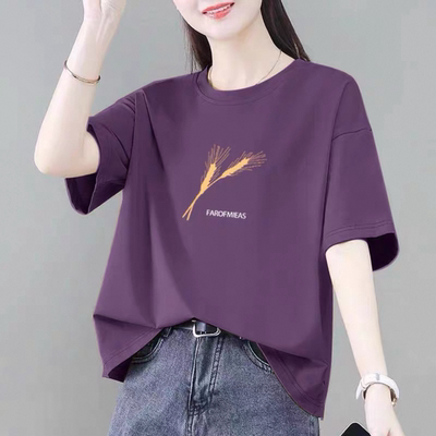 纯棉短袖t恤女士夏季2025新款大码胖mm宽松显瘦洋气减龄圆领上衣