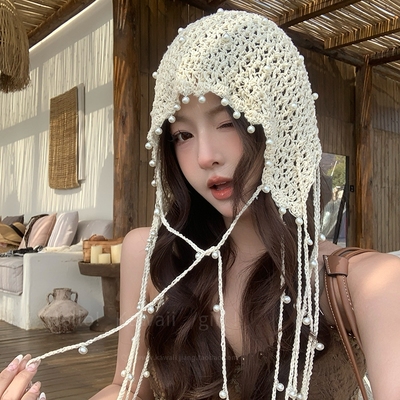 镂空珍珠吊坠针织包头帽夏季薄款