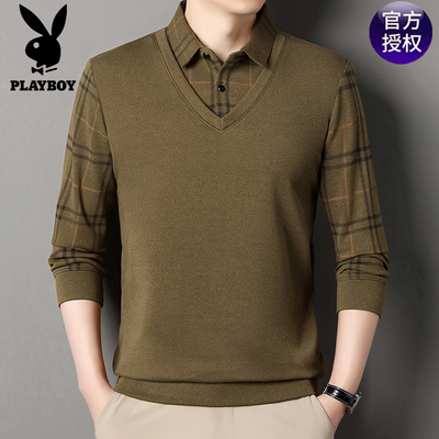 花花公子中老年毛衣男士假两件套羊毛衫秋冬保暖羊绒衫时尚爸爸装