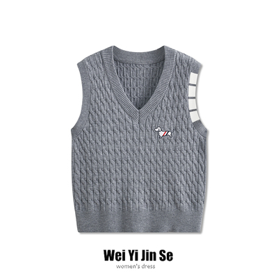韩版tb四道杠马甲女秋冬新款v领修身叠穿小狗刺绣学院风针织背心
