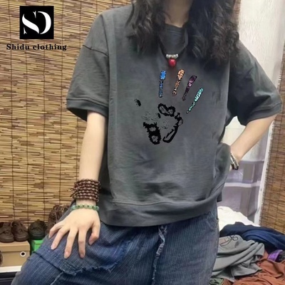 纯棉拼接T恤夏季新款文艺手掌印花短袖女宽松中长款潮流isn上衣