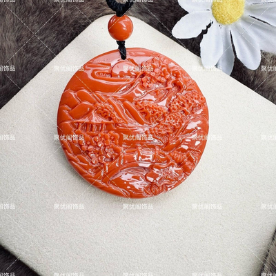 爆款中国风项链坠饰品满色柿子红山水图顺风顺水顺财路直径48mm