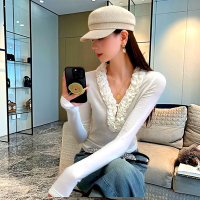 地球店精致荷叶堆褶V领打底衫女