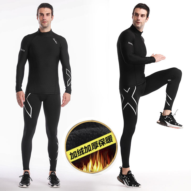 ZAXU秋冬加绒加厚高领健身服套装冬天运动户外保暖速干裤男士外穿_虎窝淘