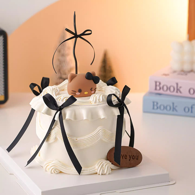 2.14情人节黑皮KT猫蛋糕装饰摆件情侣告白纪念日蝴蝶结丝带装扮