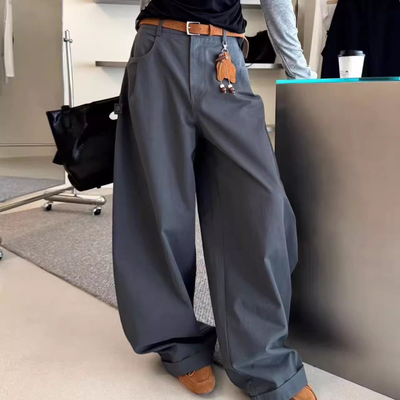 纯色拉链阔腿裤工装裤女春季新款休闲百搭简约韩版弯刀裤0.57