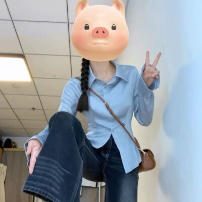 蓝色条纹修身显瘦长袖女士衬衫