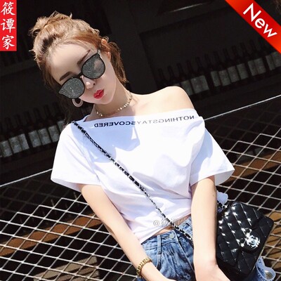 短袖韩版露肩T恤女印花上衣