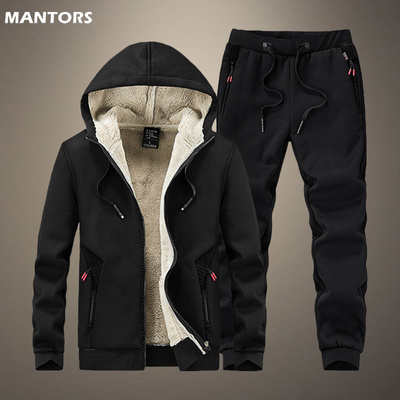 Men Winter Fleece Sets Mens Thick Hoodies+Pants Suit Hooded