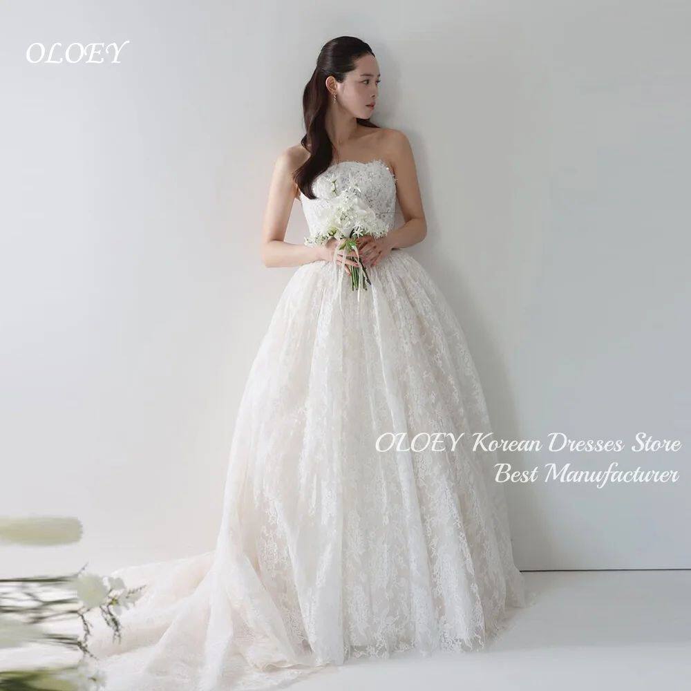 OLOEY Luxury Full Lace Appliques Korean Wedding Dress Strapl
