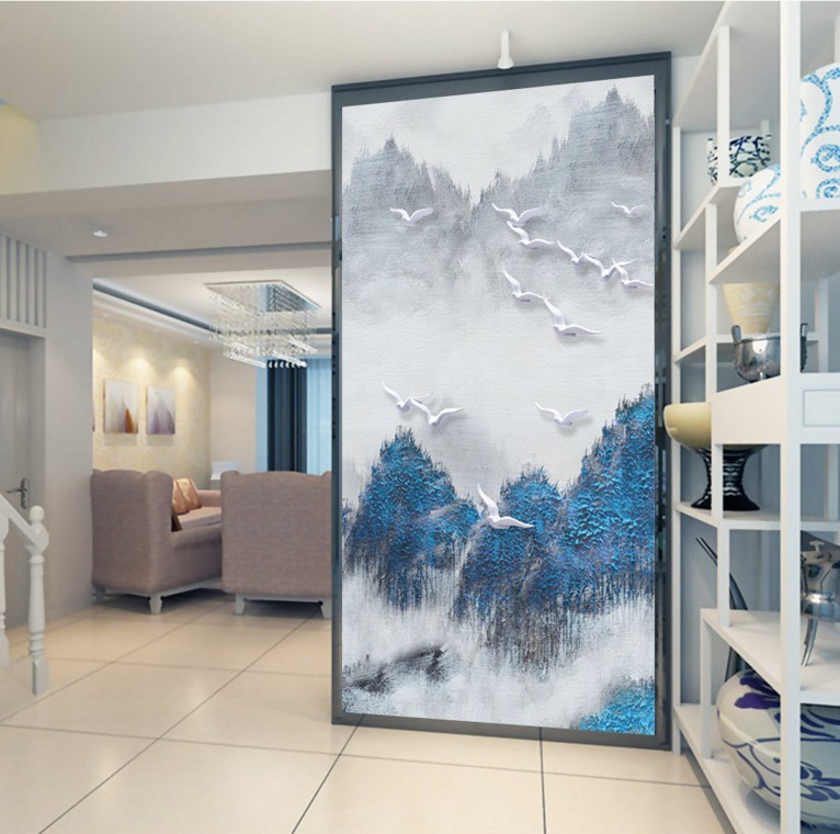 中国风玄关壁纸大雁飞鸟8D壁画山水画无纺布墙纸走廊过道中式墙布