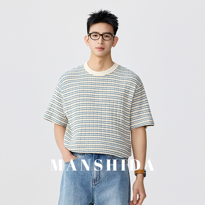 MSD蓝白格纹提花宽松短袖T恤男