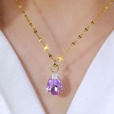 紫色水晶水滴项链钛钢网红颈链