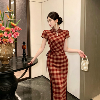 Mimo dk新中式国风复古红色格纹旗袍女春夏修身显瘦短袖连衣裙