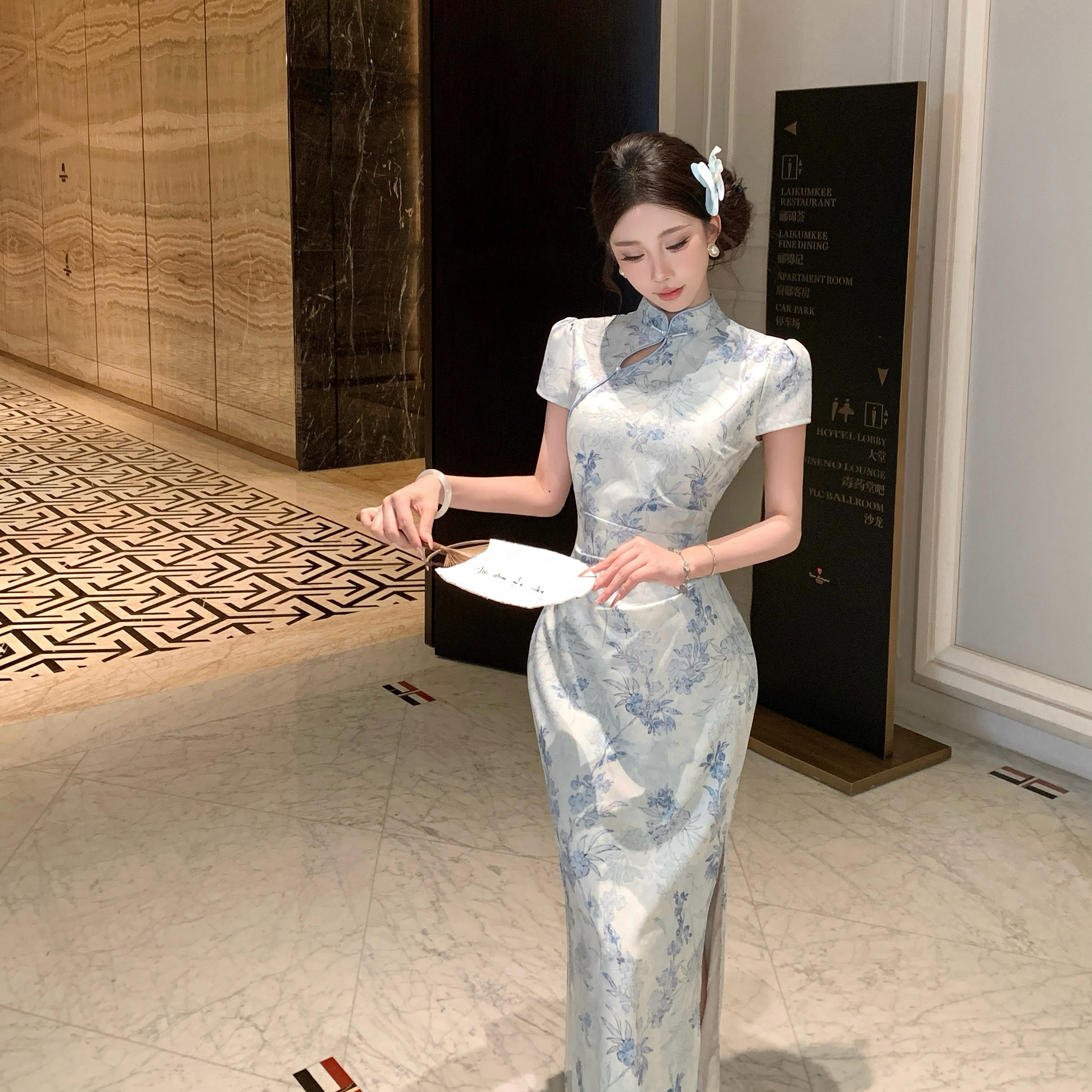 Mimo dk 青蓝水墨'新中式印花旗袍女春夏清冷感修身短袖连衣裙