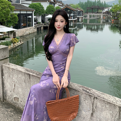 Mimo dk 暮紫花庭'法式紫色碎花小飞袖连衣裙女春夏蕾丝掐腰长裙