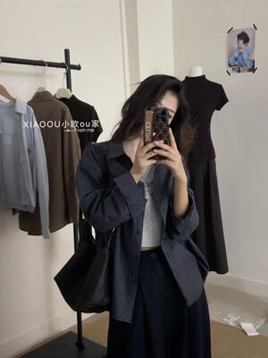 OU设计撞色字母衬衫女2025新款韩复古格子衬衫女休闲百搭长袖