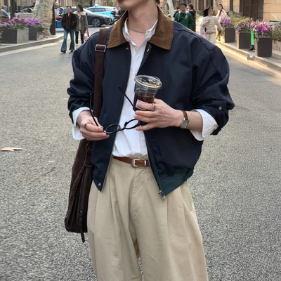 韩国男装拼色翻领复古收腰夹克