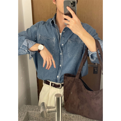 韩国男装高品水洗色口袋牛仔衬衫