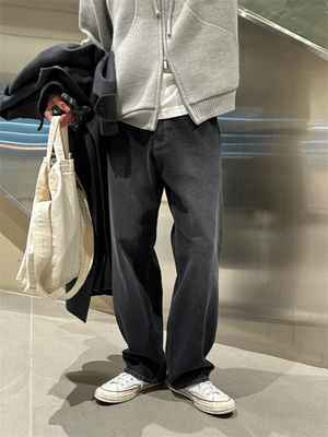 韩国男装OOTD百搭阔腿直筒牛仔裤
