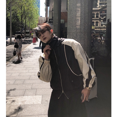 韩国男装撞色插肩袖防风拉链外套