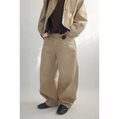 韩国代购弧形省道高腰宽腿长裤