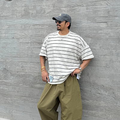 韩国代购宽条纹落肩七分短袖T恤