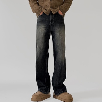 韩国代购水洗宽版直筒复古牛仔裤
