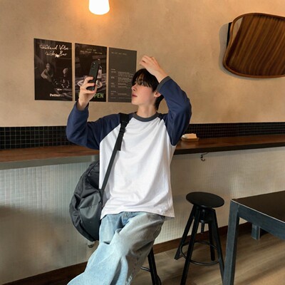 韩国代购插肩袖撞色宽松减龄T恤