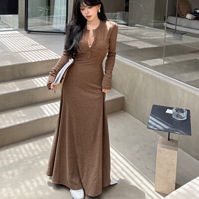 韩版排扣长袖连衣裙女