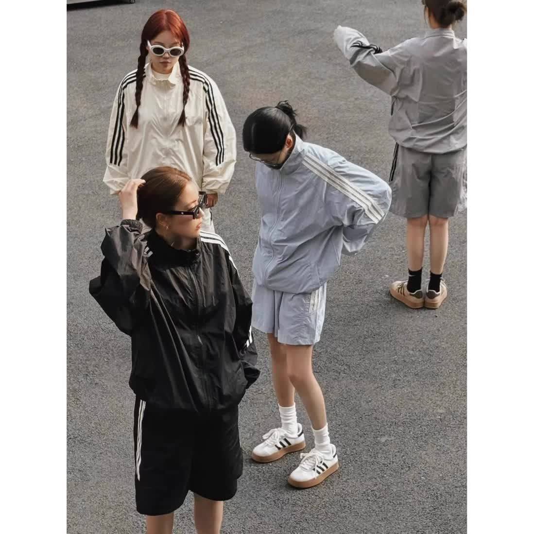 休闲运动套装男夏季美式三条杠运动立领防晒外套速干五分裤两件套
