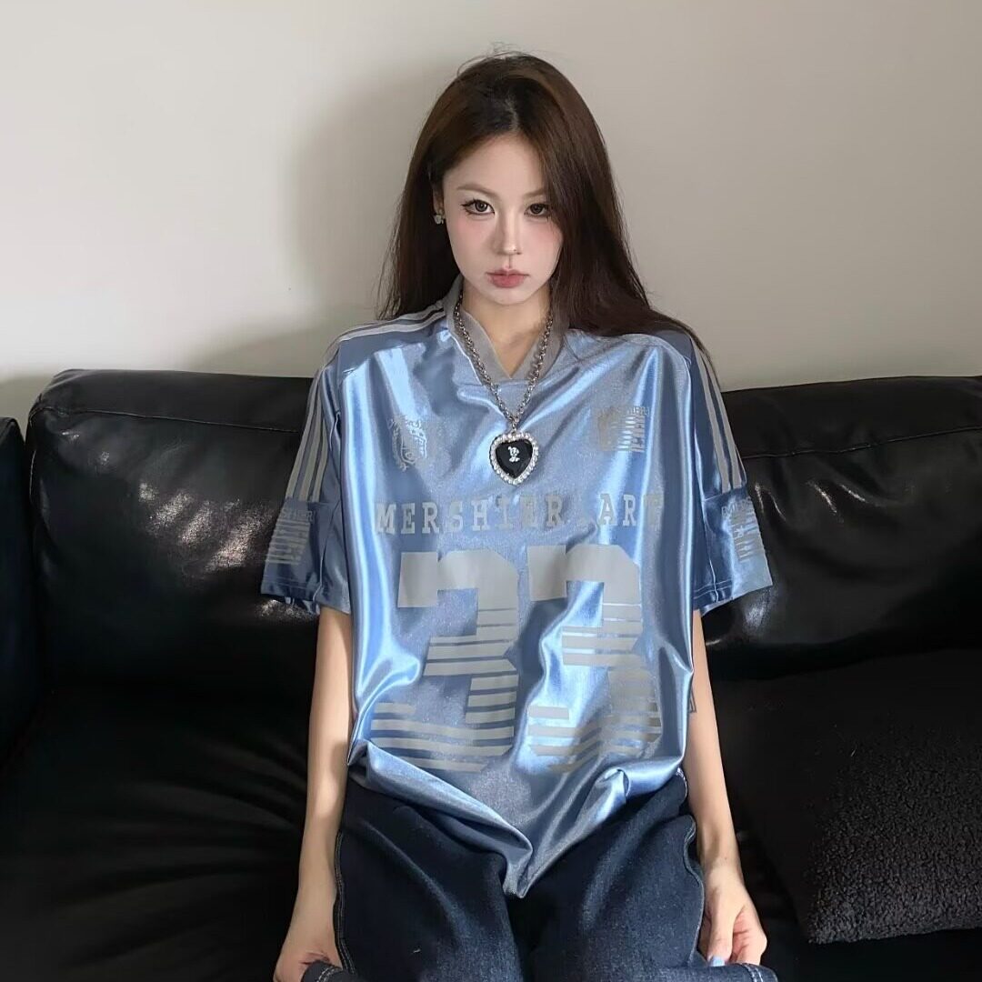 青少年夏季美式复古宽松球衣T恤男女休闲百搭V领短袖设计感上衣潮