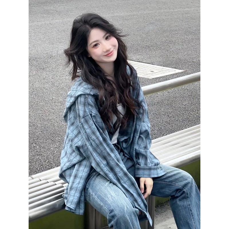 蓝色格子长袖防晒衬衫男女夏季速干连帽衬衣外搭休闲慵懒情侣外套