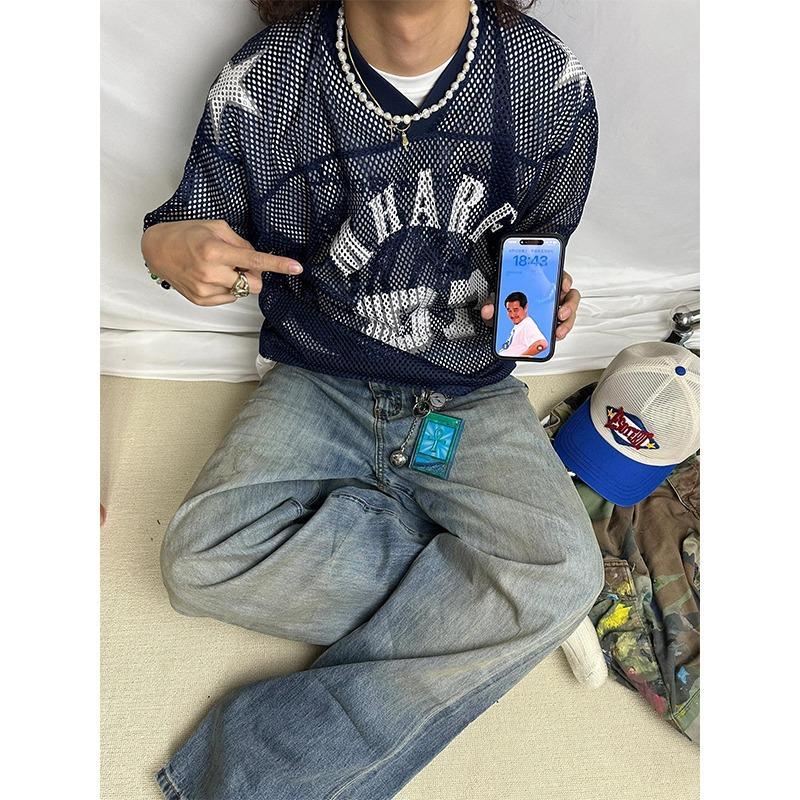 薄款网眼镂空印花球衣短袖男女夏季嘻哈设计感透气运动打底T恤衫